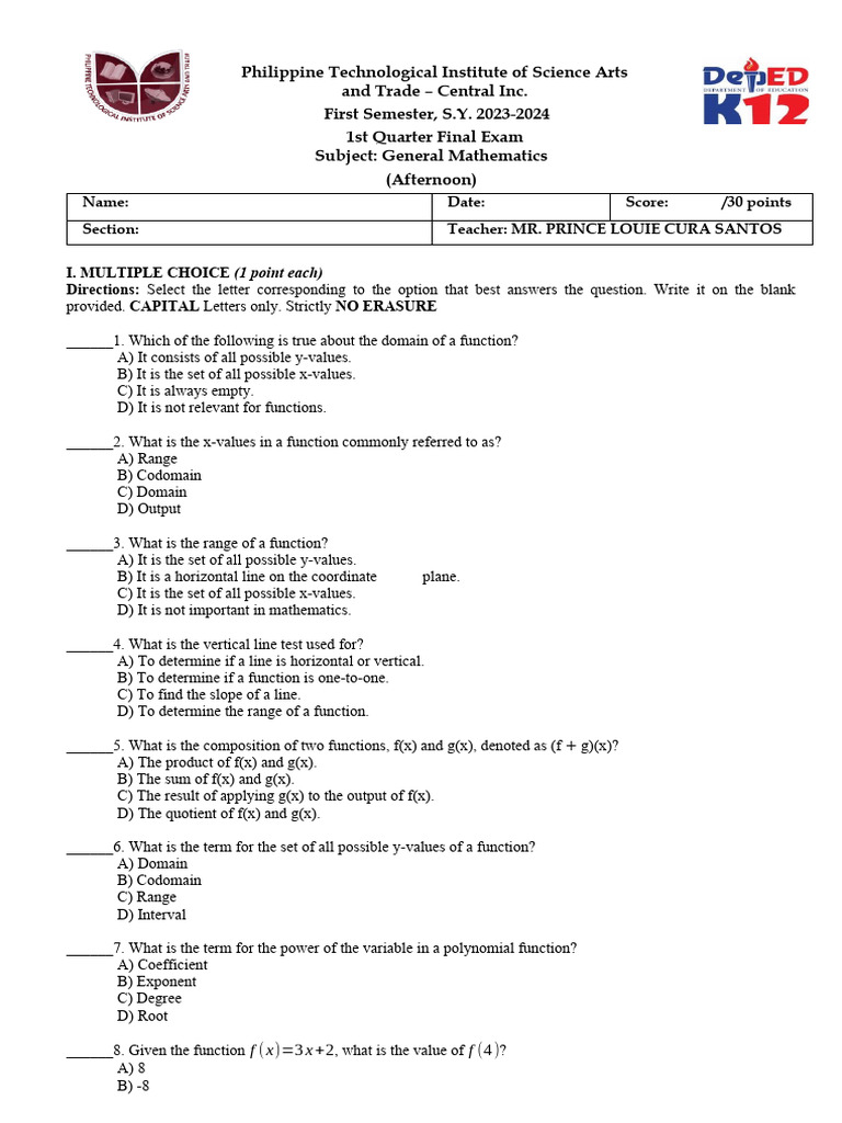 GenMath First Quarter Exam - (AFTERNOON) ) | PDF | Function ...