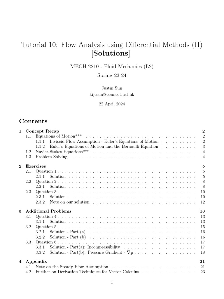 MECH2210 Tutorial 10 Solution | PDF | Fluid Dynamics | Navier–Stokes Equations