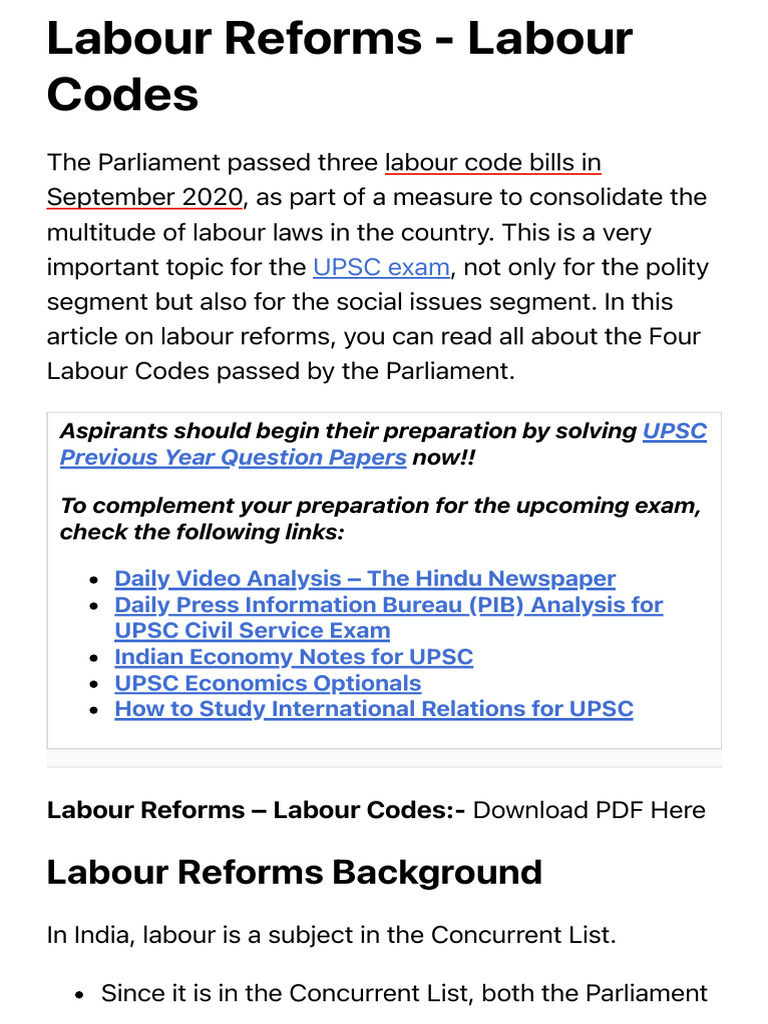 Labour Reforms - Labour Codes Explained For UPSC Exam. Download PDF | PDF | Wage | Employment