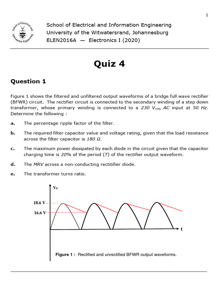 Quiz 4 - ELEN2016A - 2020 | PDF | Rectifier | Electrical Network