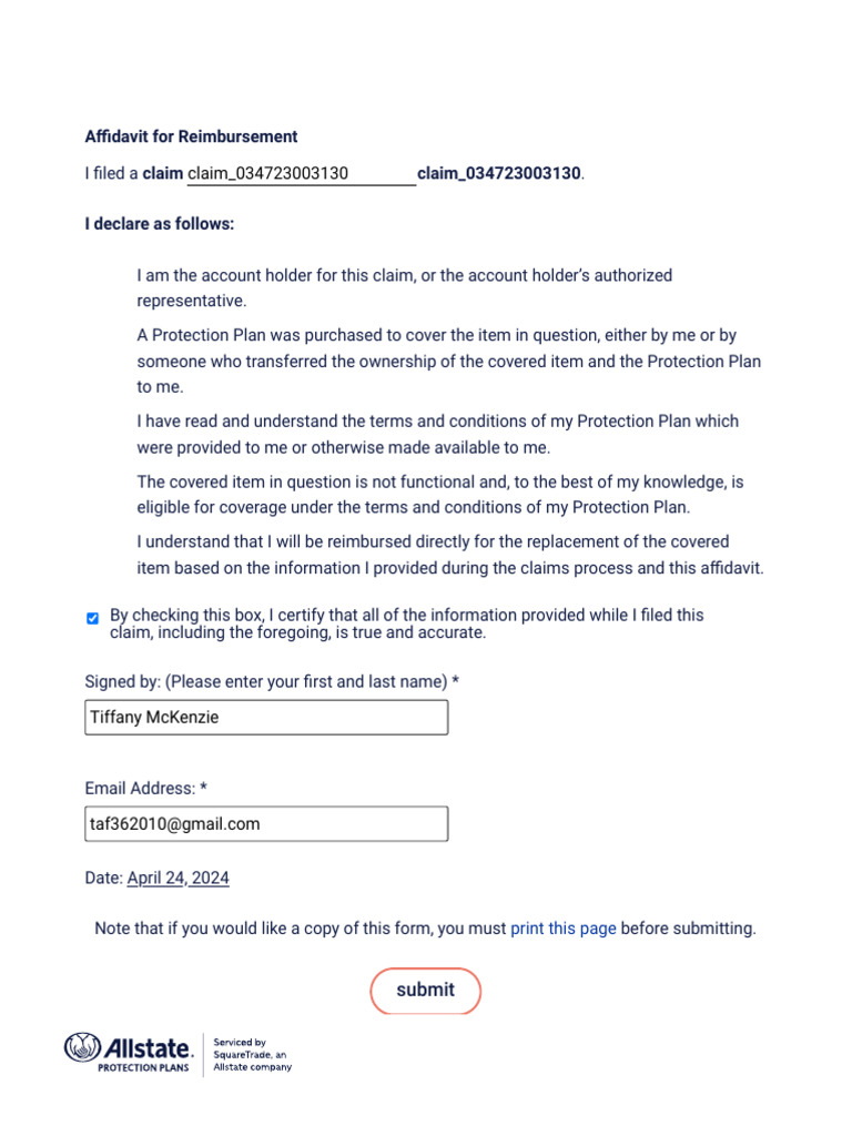Affidavit Webform - Allstate Protection Plans | PDF