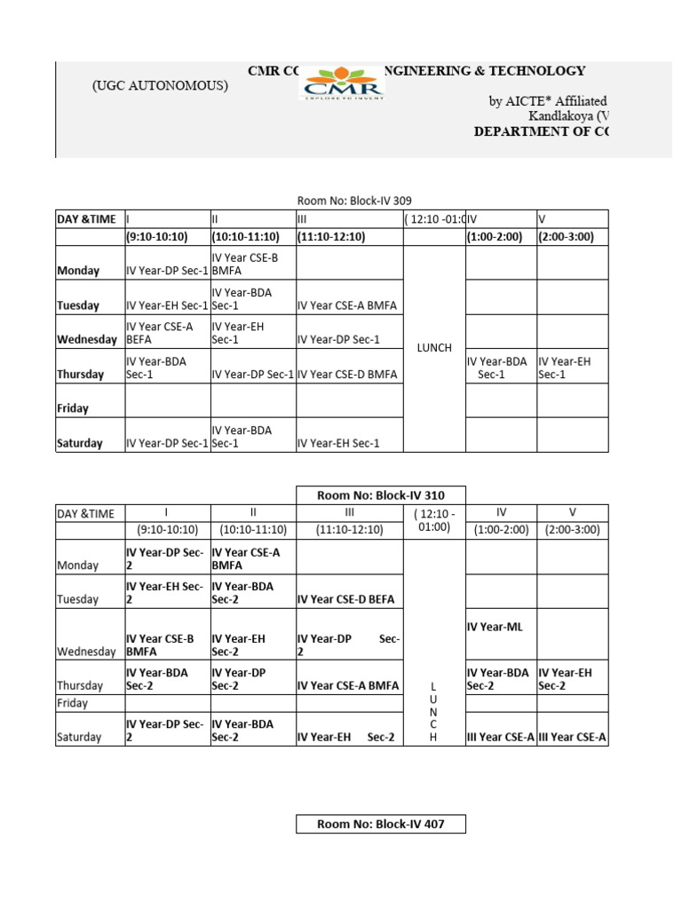 Class Room Time Tables | PDF