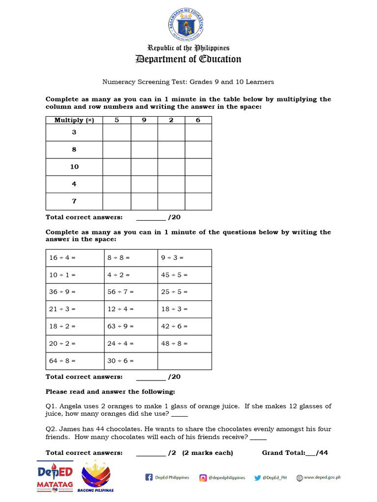 2024 Intervention Mathematics Screening Test G9-G10 | PDF