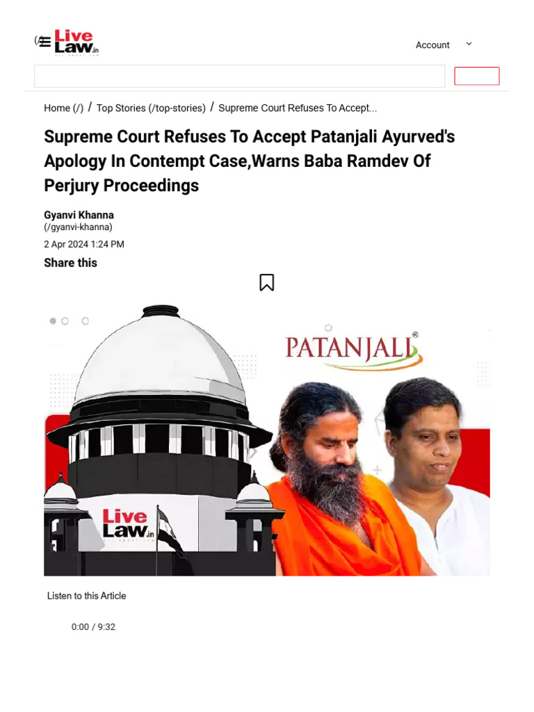 Supreme Court Refuses To Accept Patanjali Ayurved's Apology in Contempt ...