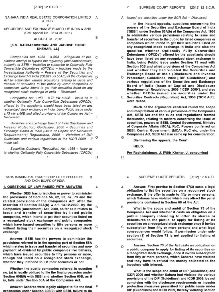 SEBI Powers in Sahara OFCD Case | PDF | Securities (Finance) | Stocks
