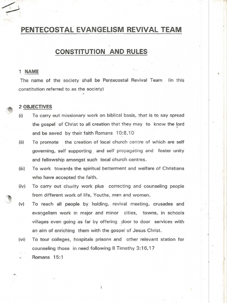 Pentecostal Evangelism Revival Team Nangili Constitution | PDF