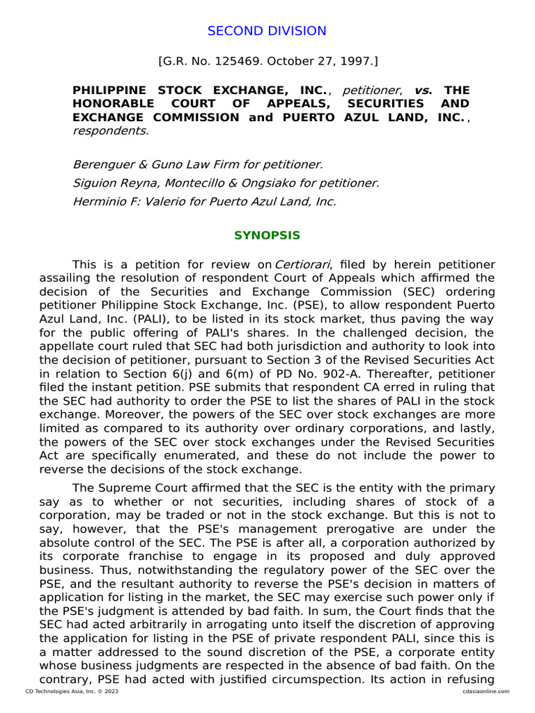 PSE v. CA | PDF | Securities Act Of 1933 | Securities (Finance)