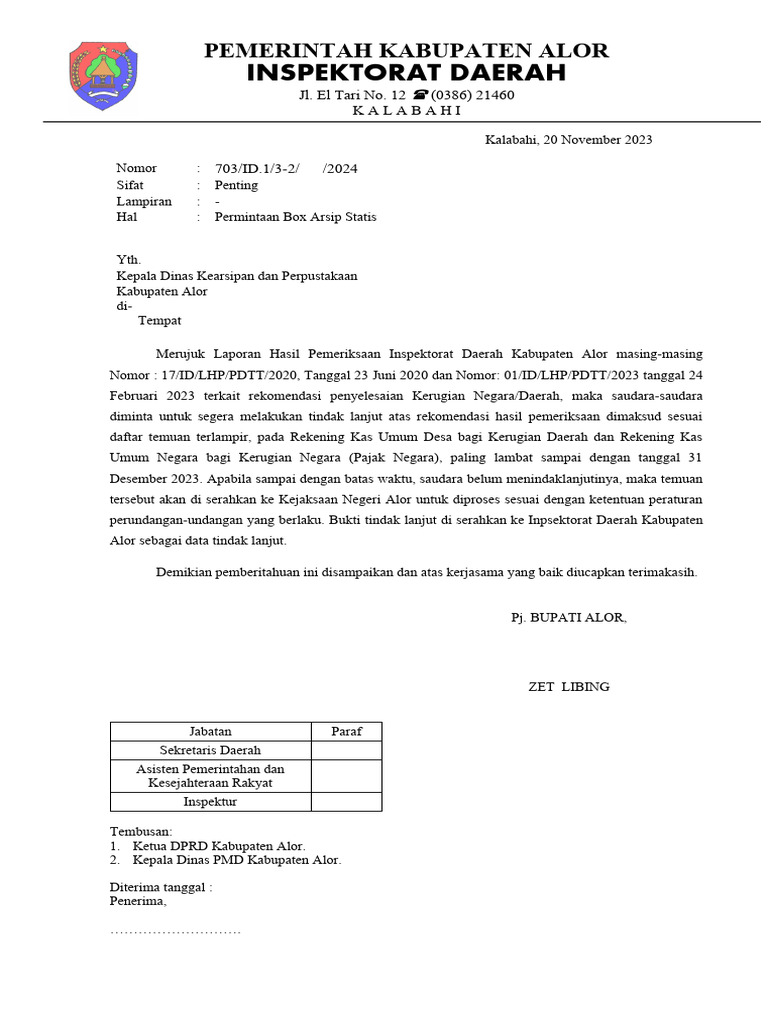 Surat Permintaan Box Arsip | PDF