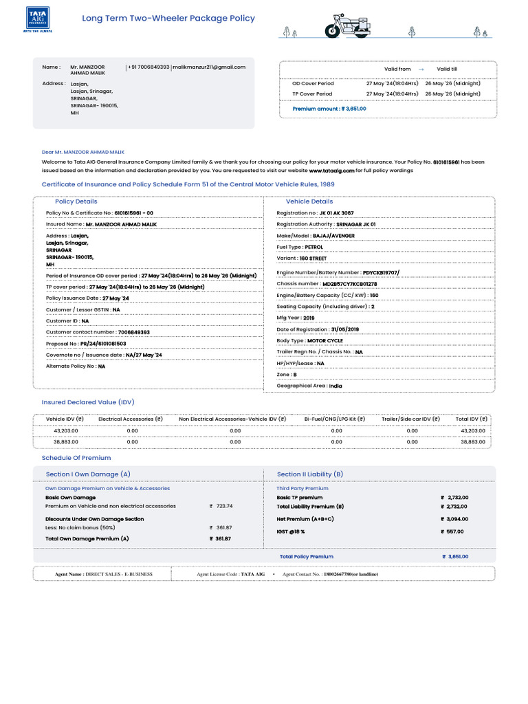 Certificate of Insurance and Policy Schedule Form 51 of The Central ...