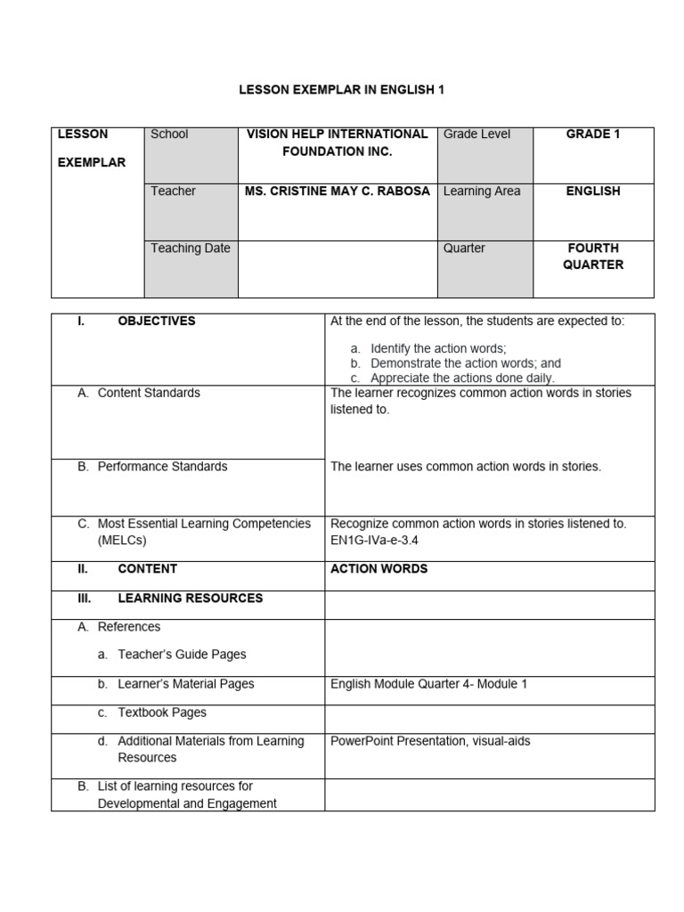LESSON-EXEMPLAR-Demo Teaching VHFI Grade 1 | PDF | Learning | Human Communication