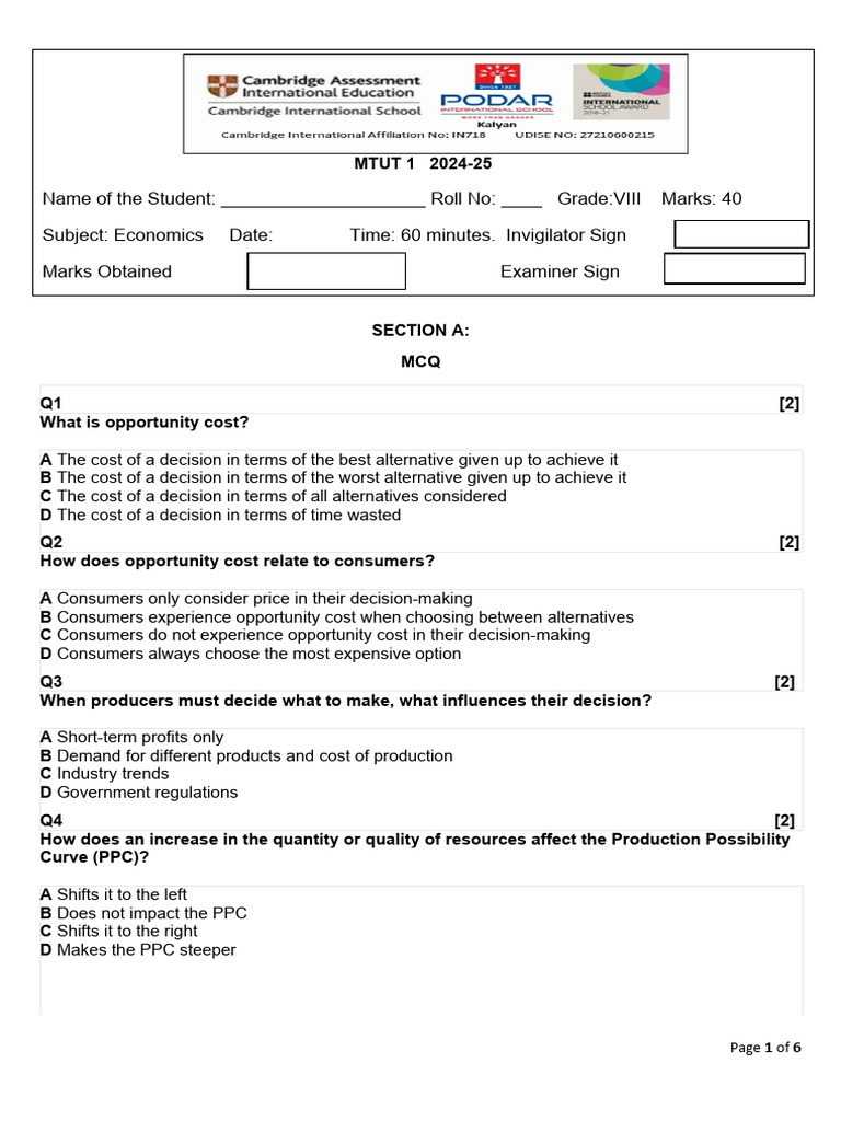 MTUT 1 Economics Question Paper | PDF | Renewable Energy | Energy Development
