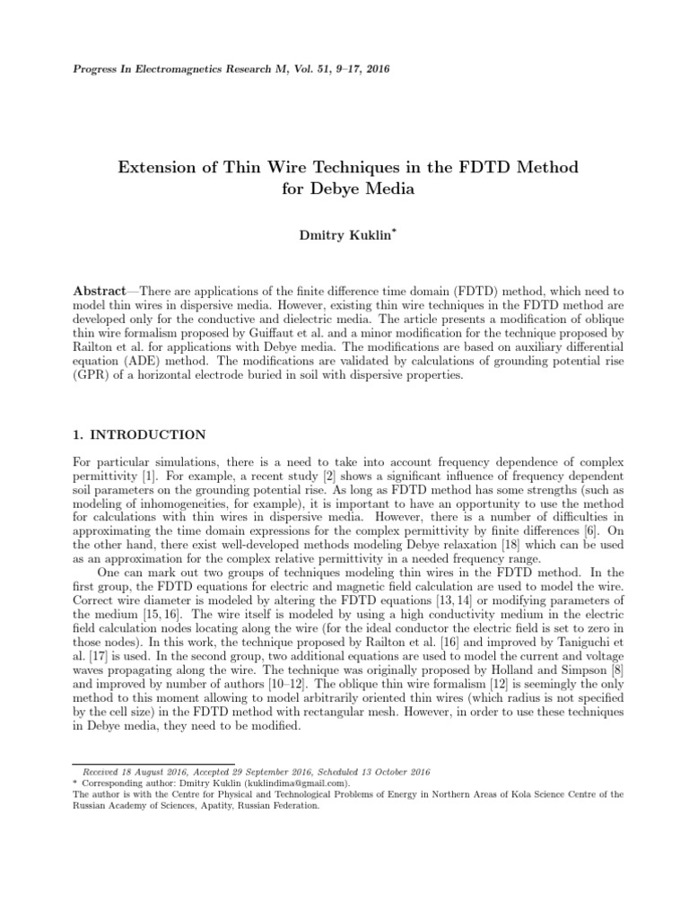 Extension Of Thin Wire Techniques In The Fdtd Method For Debye Media