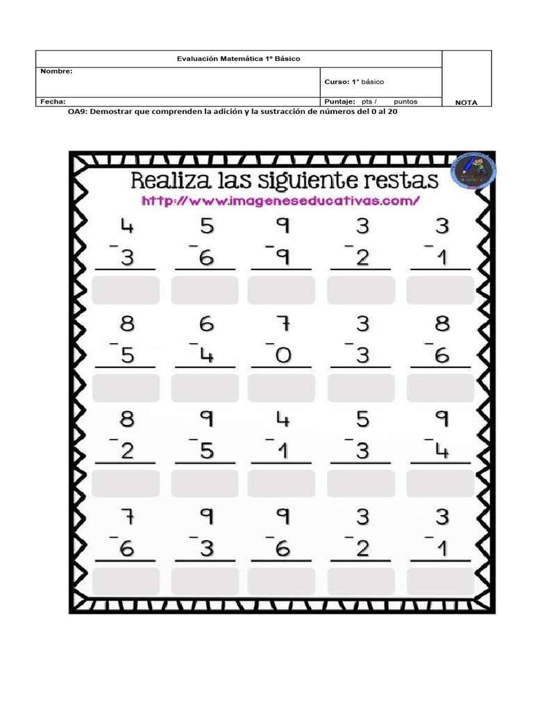 Prueba Matematica 1 Basico Suma y Restas | PDF