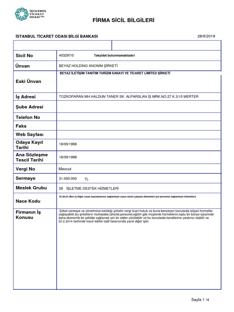 Beyaz Holding Ticaret Odasi Kaydi | PDF