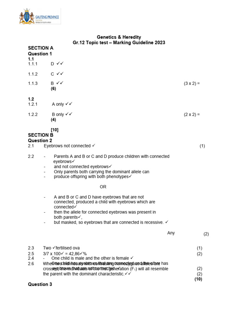 Genetics and Heredity Topic Test Marking Guideline | PDF | Dominance ...