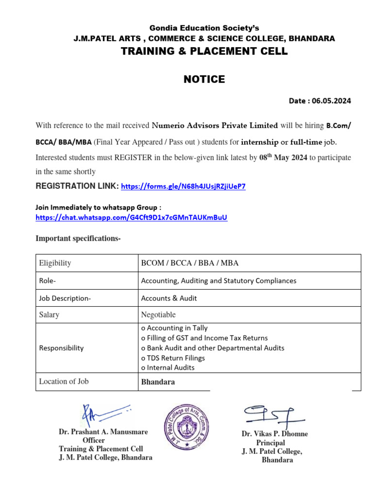 Internship and Job Placement Notice | PDF