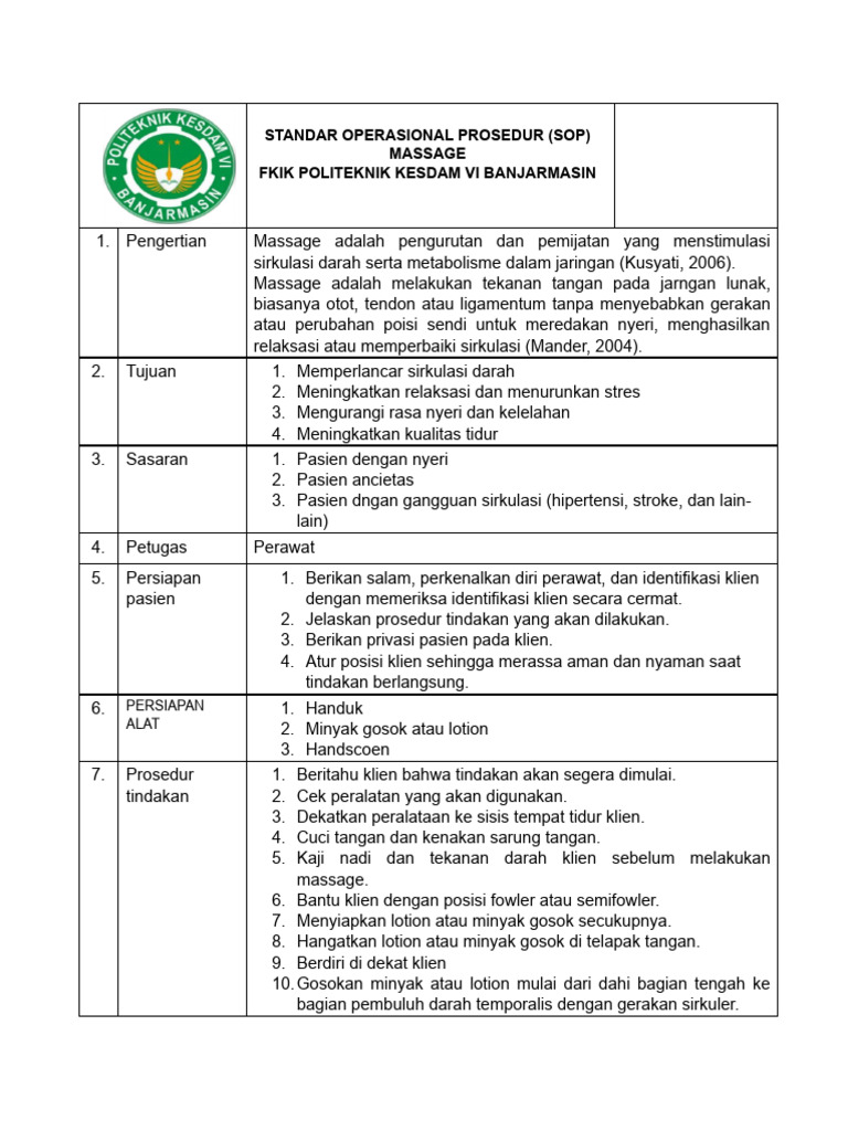 Sop Keperawatan Dasar TK 1 A | PDF