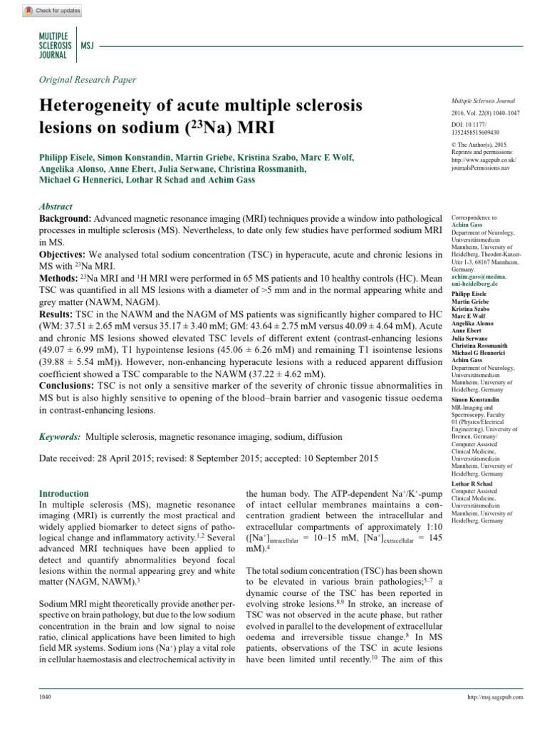 Heterogeneity of Acute Multiple Sclerosis Lesions On Sodium (23na) MRI - EiseleP - MSJ2016 | PDF ...