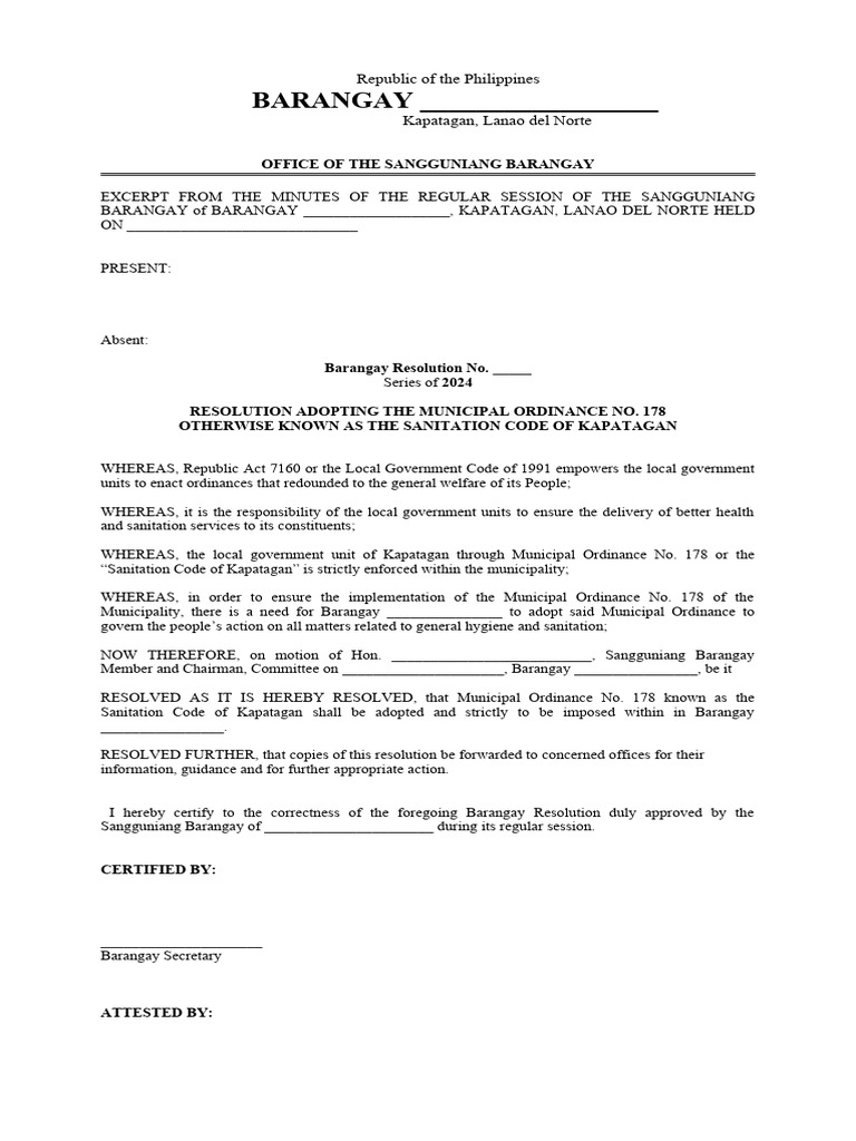 Brgy Reso Adopting Mun Ord No. 178 | PDF