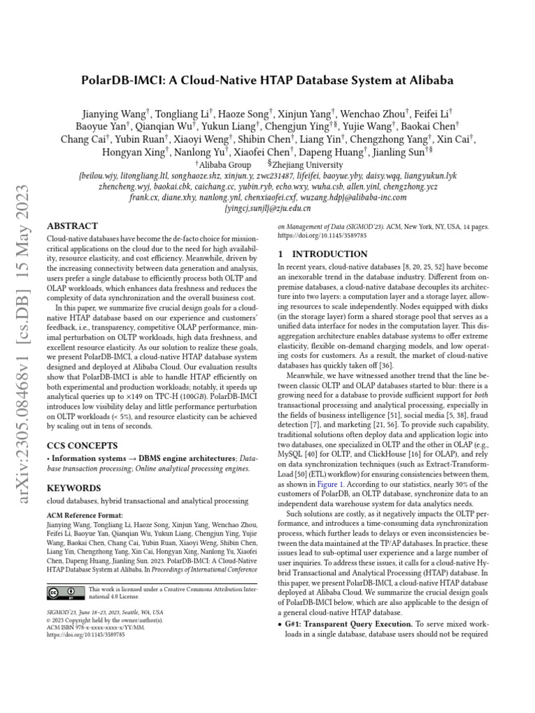 Polardb-Imci: A Cloud-Native Htap Database System at Alibaba | PDF | Database Index | Databases