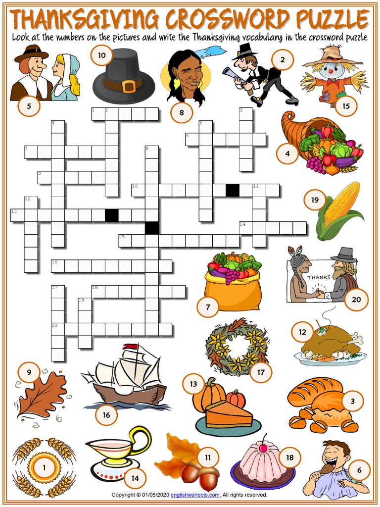 Thanksgiving Vocabulary Esl Crossword Puzzle Worksheet For Kids | PDF