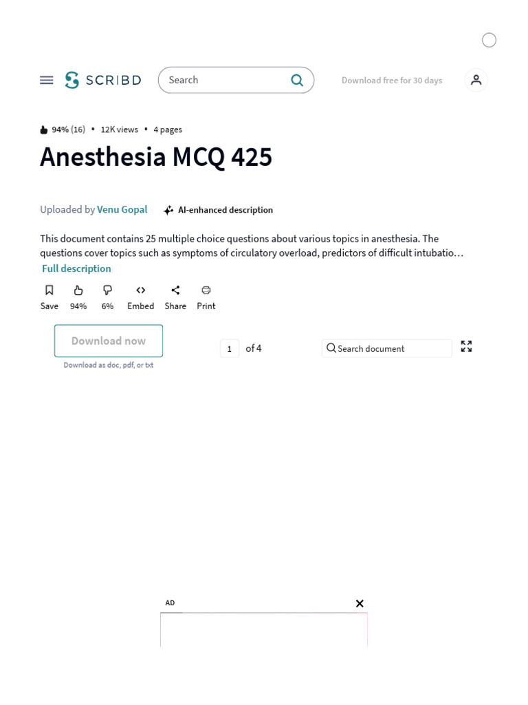 Anesthesia MCQ 425 - PDF - Anesthesia - Medical Specialties | PDF ...