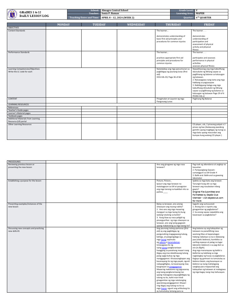 DLL - Mapeh 5 - Q4 - W2 | PDF
