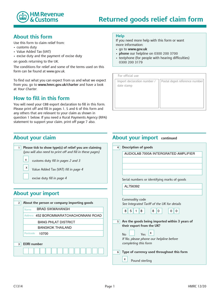 Returned Goods Relief Claim Form | PDF | Customs | Value Added Tax