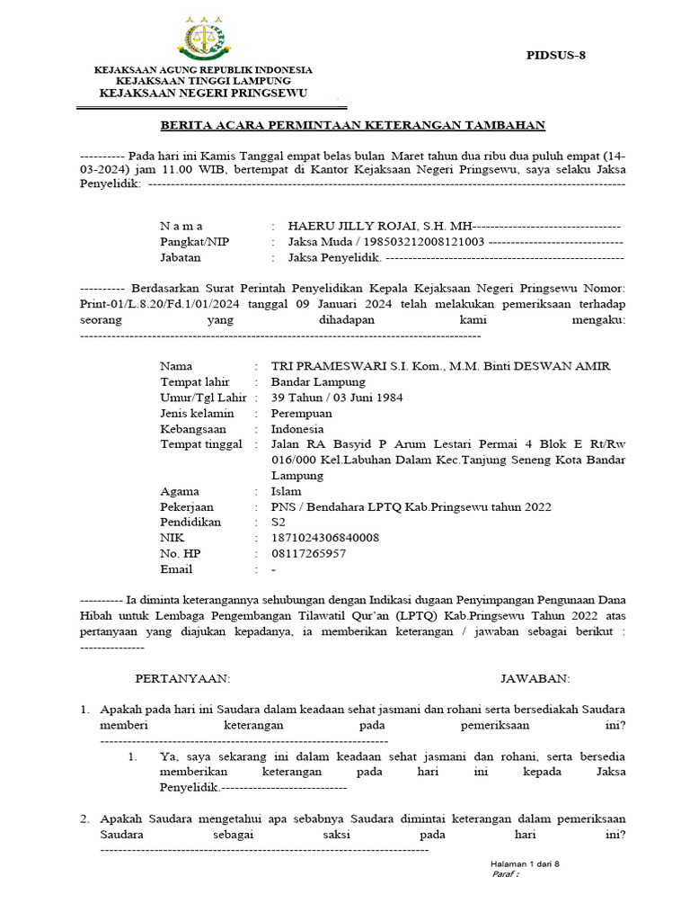 Pidsus 8 Tri Prameswari (Tambahan) | PDF | Hukum