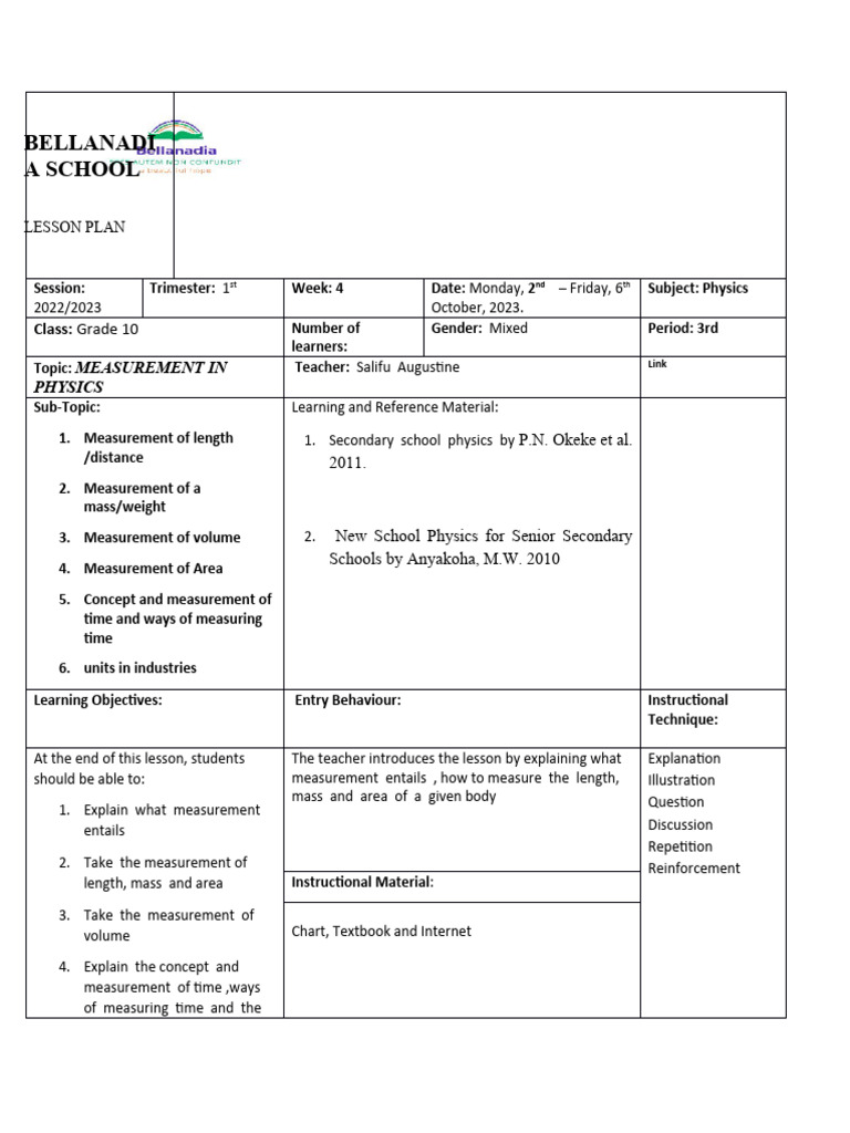 Physics Lesson Plan Grade 10, Week 4 | PDF | Weight | Fahrenheit