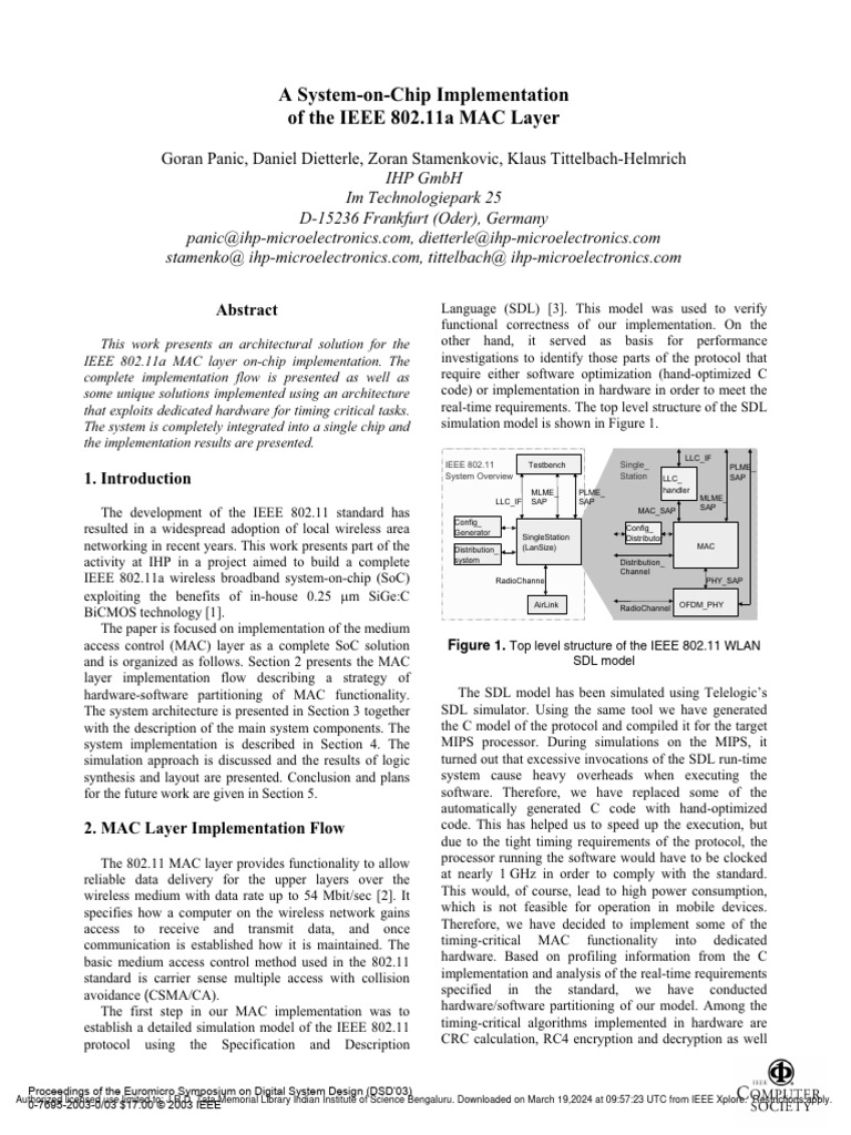 A System-On-Chip Implementation of The IEEE 802.11a MAC Layer | PDF | System On A Chip ...