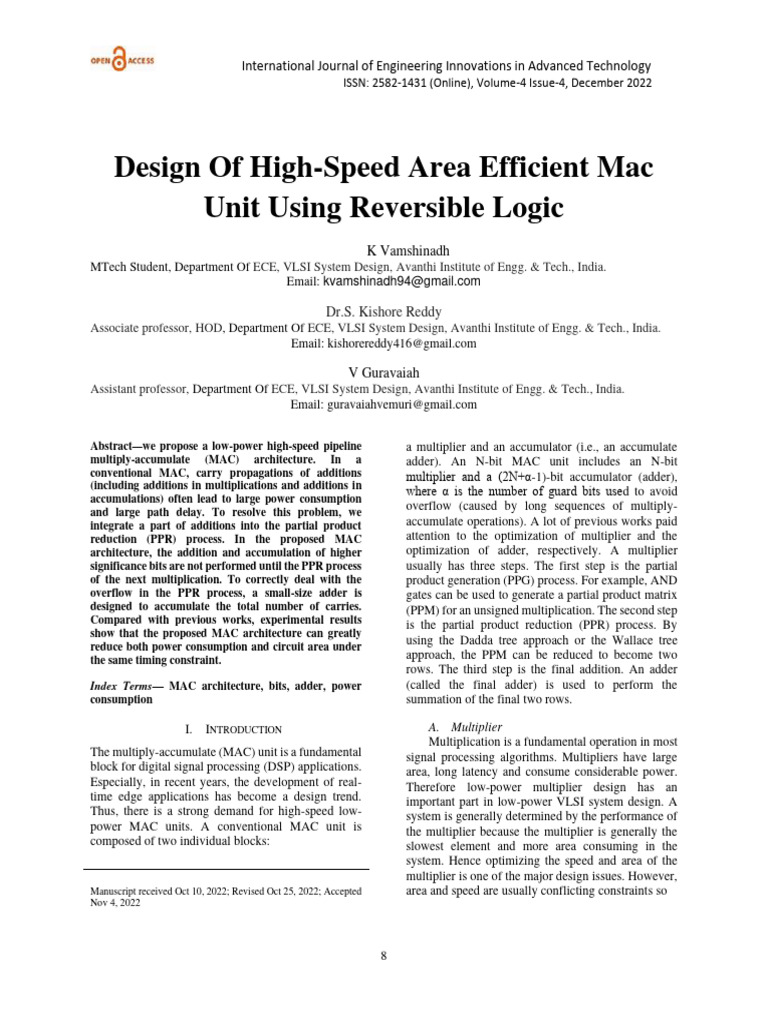 Design of High-Speed Area Efficient Mac Unit Using Reversible Logic | PDF | Matrix (Mathematics ...