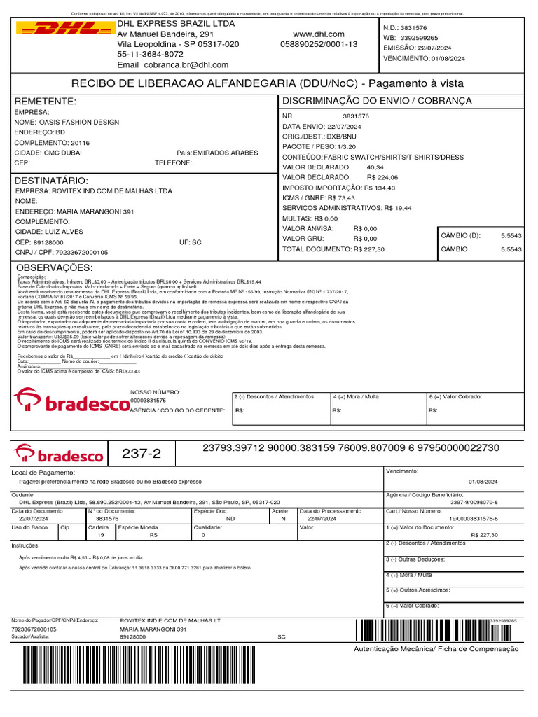 3392599265-Duty Invoice Brazil | PDF | Comércio | Pagamentos
