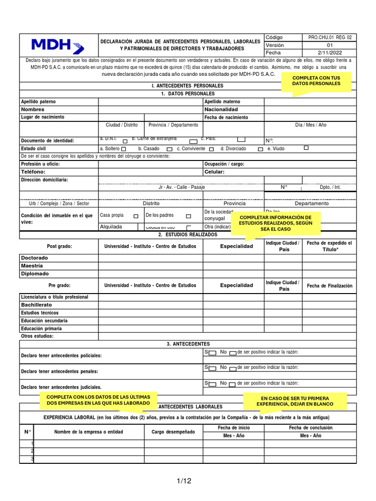 Guía para El Llenado de Documentos Internos - MDH | PDF | Documento de ...