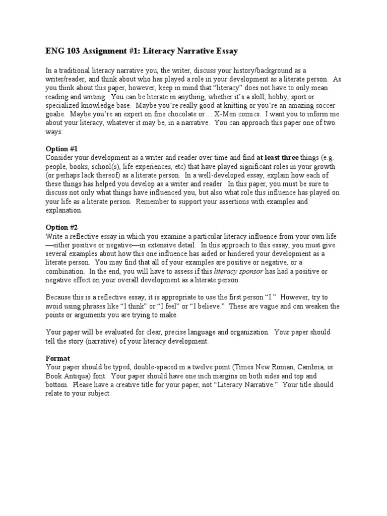 ENG 103 Assignment #1: Literacy Narrative Essay: Option #1 | Download ...