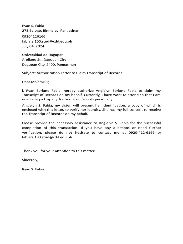 Authorization Letter for Transcript Claim | PDF | Career & Growth | Social Science