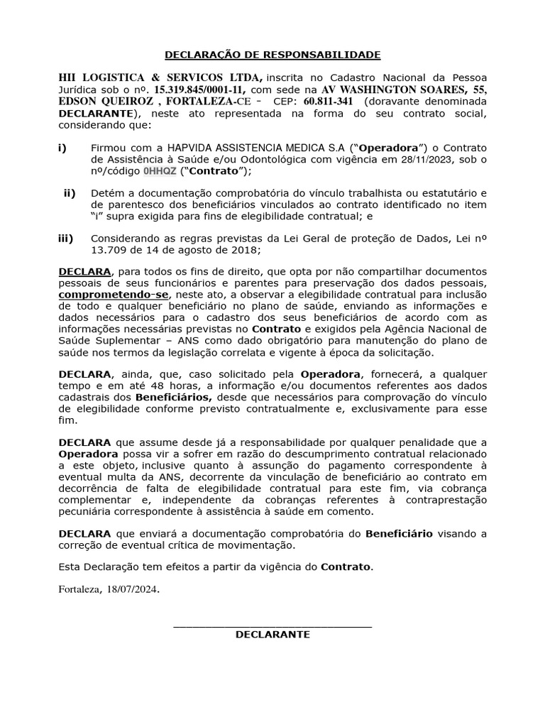 HII E H2 - MODELO PADRÃO - Carta de Responsabilidade - Word | PDF ... HII E H2 - MODELO PADRÃO - Carta de Responsabilidade - Word | PDF ...
