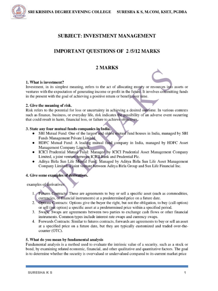 Investment Management Important Questions | PDF