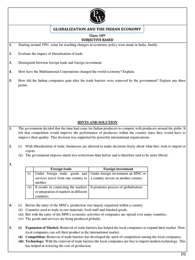 Subjective Based - GLOBALIZATION AND THE INDIAN ECONOMY - 10th | PDF | Multinational Corporation ...