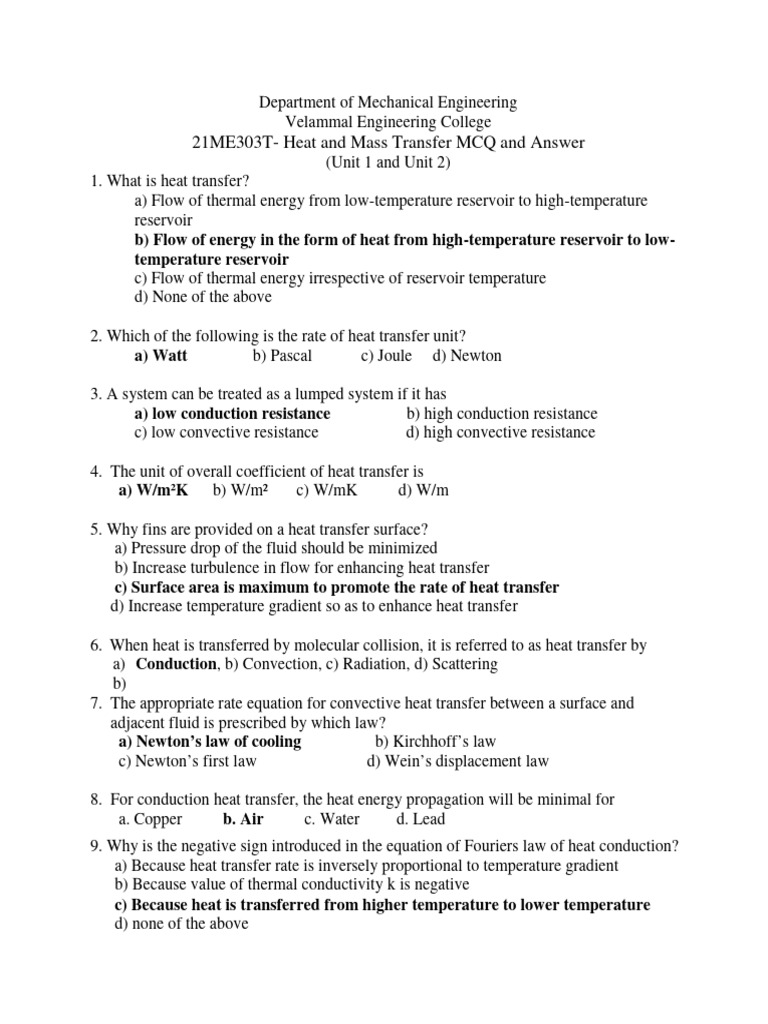 HMT MCQ Questions With Answer Unit 1 and Unit 2 | PDF | Heat Transfer | Thermal Conduction