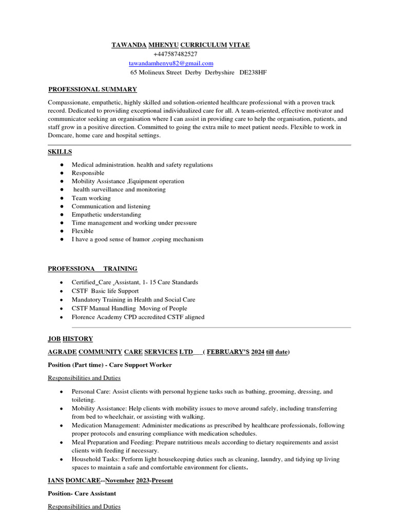 CV - Tawanda Mhenyu Resume-2 | PDF | Menu | Health Professional