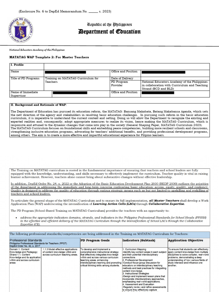 MATATAG WAP Template for Master Teachers | PDF | Differentiated ...