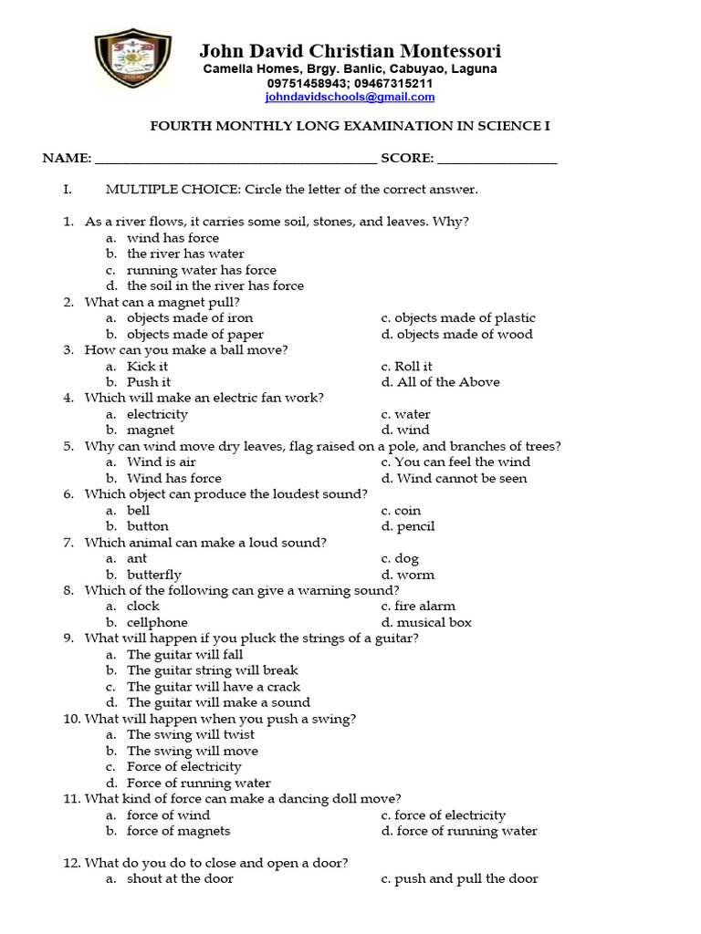 Fourth Monthly Long Examination in Science I | PDF | Force | Sun