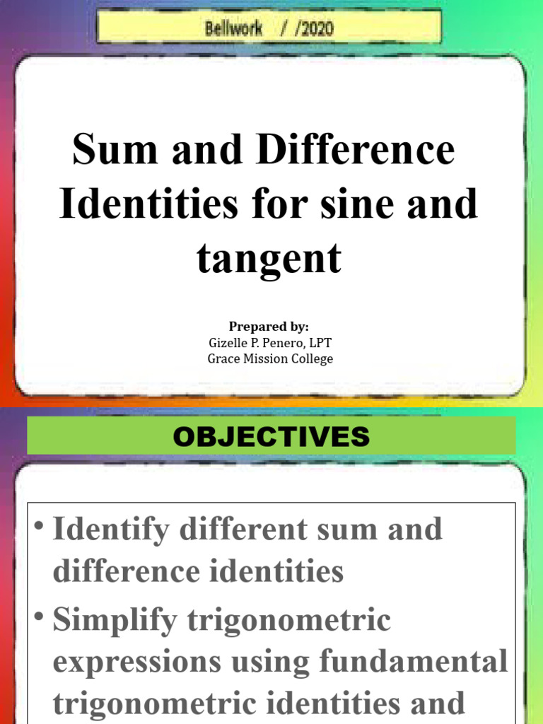 Sum and Difference Identities For Sine and Tangent 1 | PDF ...