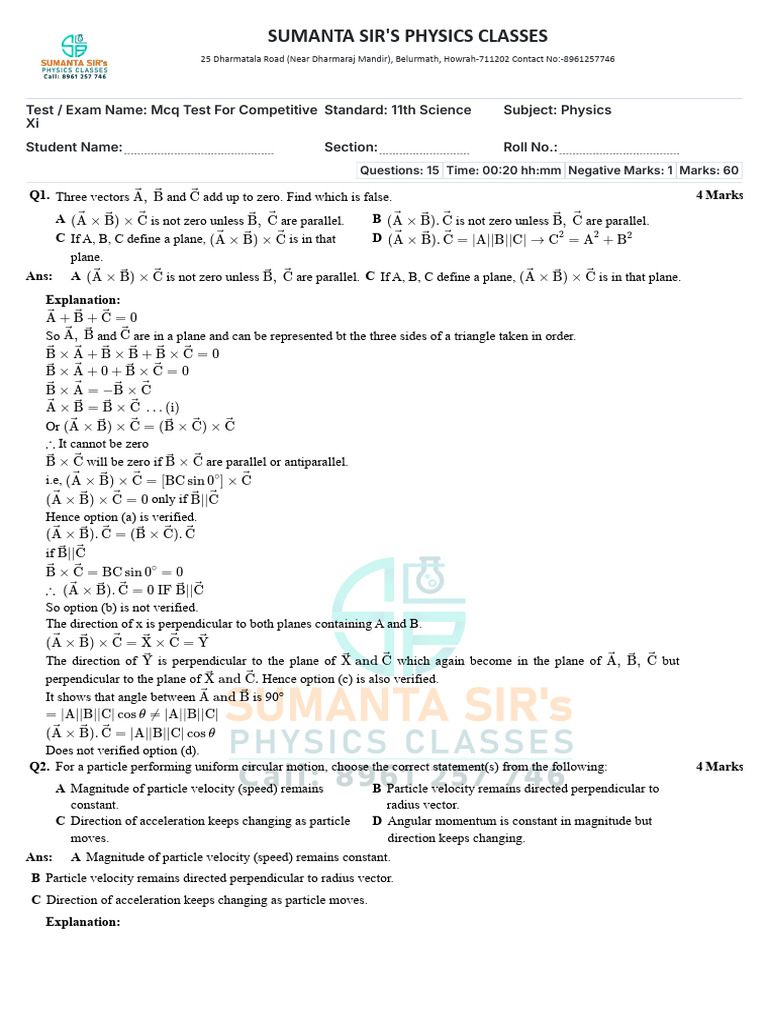 Competitive Exam Answer | PDF | Velocity | Motion (Physics)