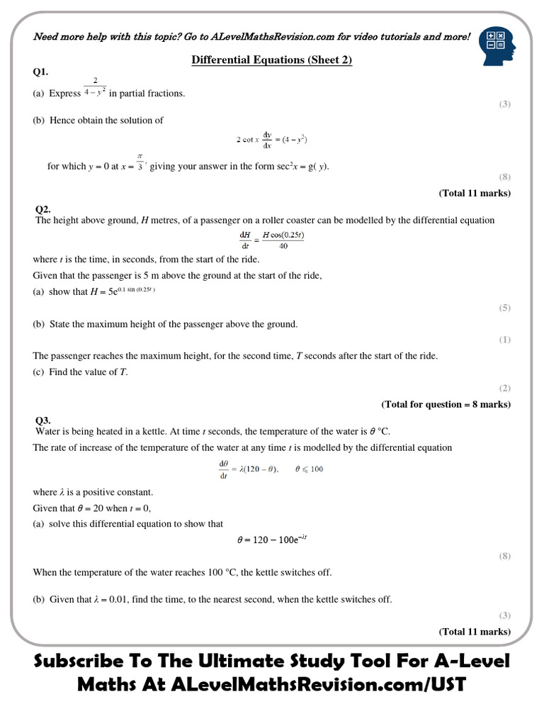 A-Level Maths Differential Equations Guide | PDF | Equations ...