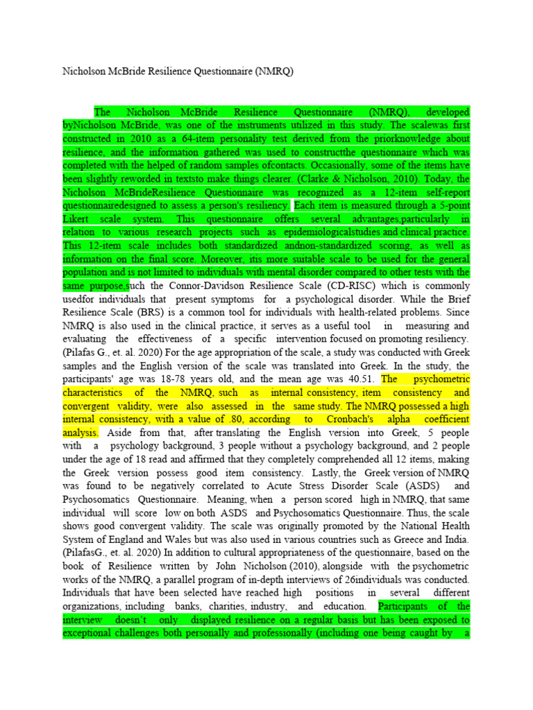 Nicholson McBride Resilience Questionnaire | PDF | Psychological ...