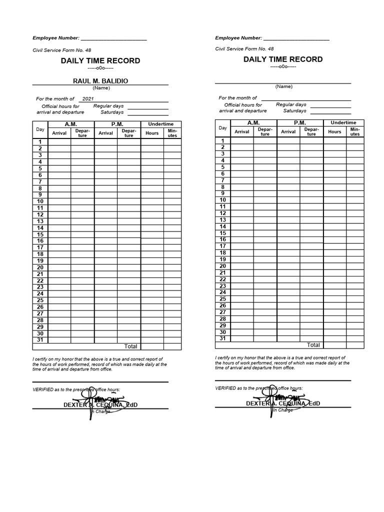 Appendix 24 Daily Time Record DTR | PDF