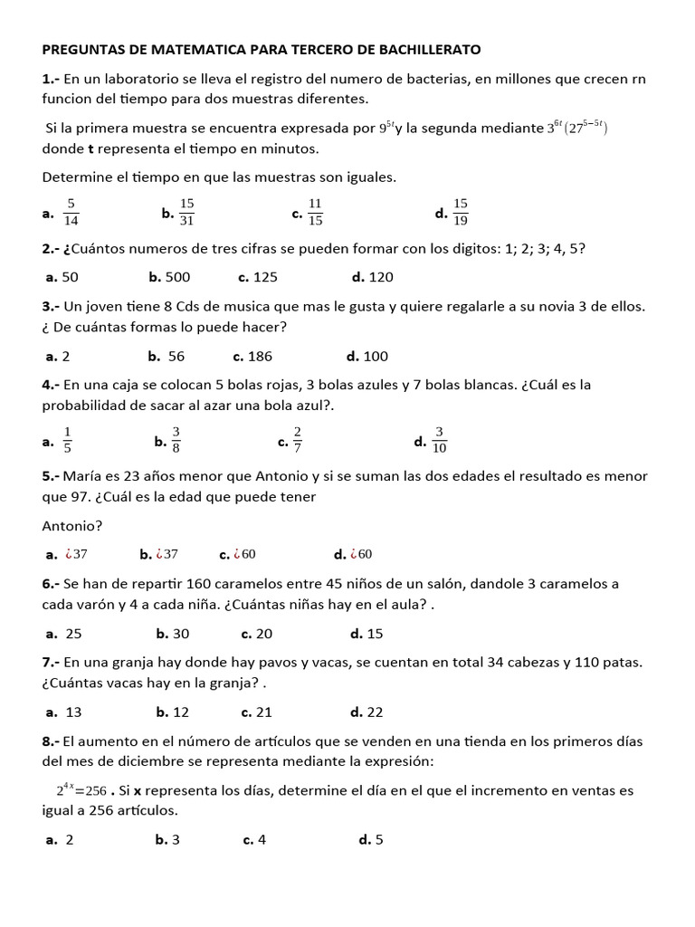 Preguntas de Matematica para Tercero de Bachillerato | PDF