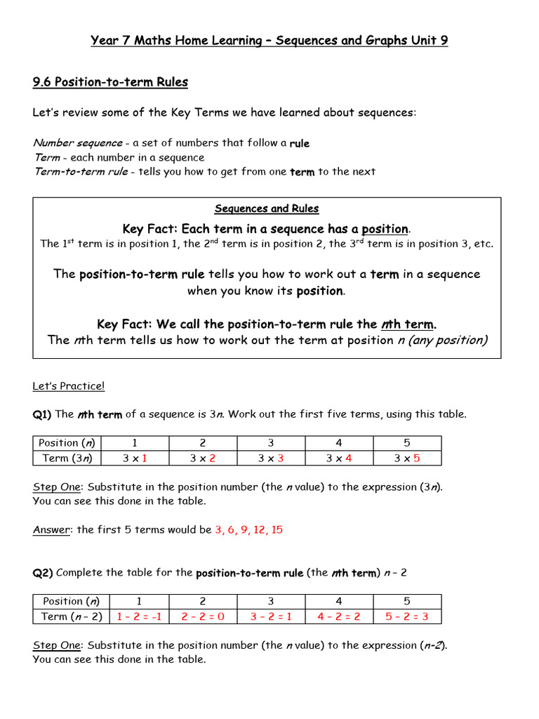 9.6 Position-To-Term Rules - Selwood Teaching Sheet | PDF | Mathematics